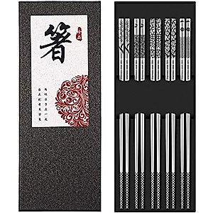 Metal Chopsticks Reusable 18/8 Stainless Steel Chopsticks Multipack Dishwasher Safe Chop Sticks Cute Laser Engraved Non-slip Japanese Korean Chopstick for Cooking Eating 9 1/4 Inches 5 Pairs Gift Set