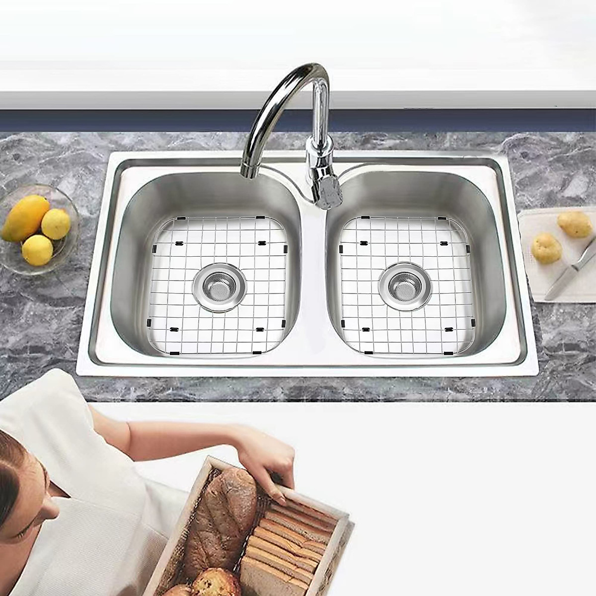 4 Pack Sink Protectors for Kitchen Sink with Center Drain Hole, 13.7"x11.6" Stainless Steel Kitchen Sink Bottom Grid 2pcs with 2pcs Sink Strainers (Silver)