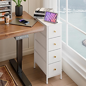 Fixwal Narrow Storage Cabinet, Narrow Nightstand Dresser with 4 Drawers, Slim Fabric Dresser Storage Tower for Small Spaces, White Dresser, for Bedroom, Bathroom, Living Room, Laundry, Closet