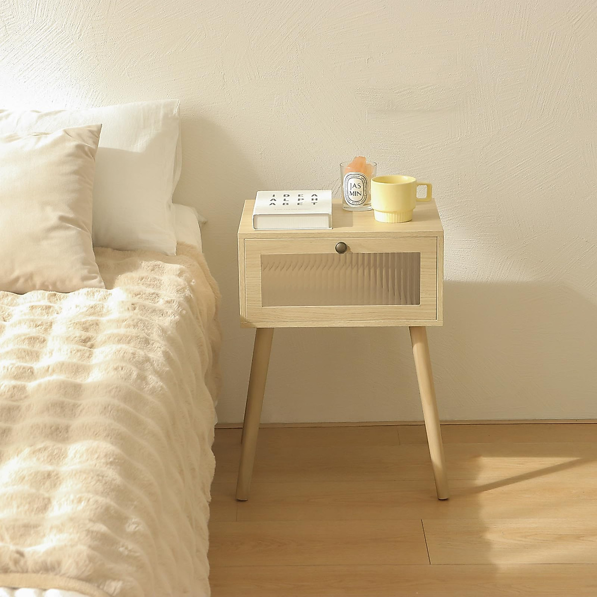 AWASEN Mid Century Modern Nightstand, Small Bedside Table with Drawer, Side Table Bedroom End Table with Storage and Solid Wood Legs for Living Room and Small Space (Natural)