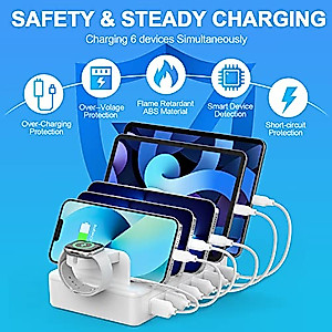 CREATIVE DESIGN Charging Station for Multiple Devices, 50W 6 Ports Charging Dock with 6 Cables Compatible with Cellphone,Tablet, Kindle, Apple Watch and Other Electronic