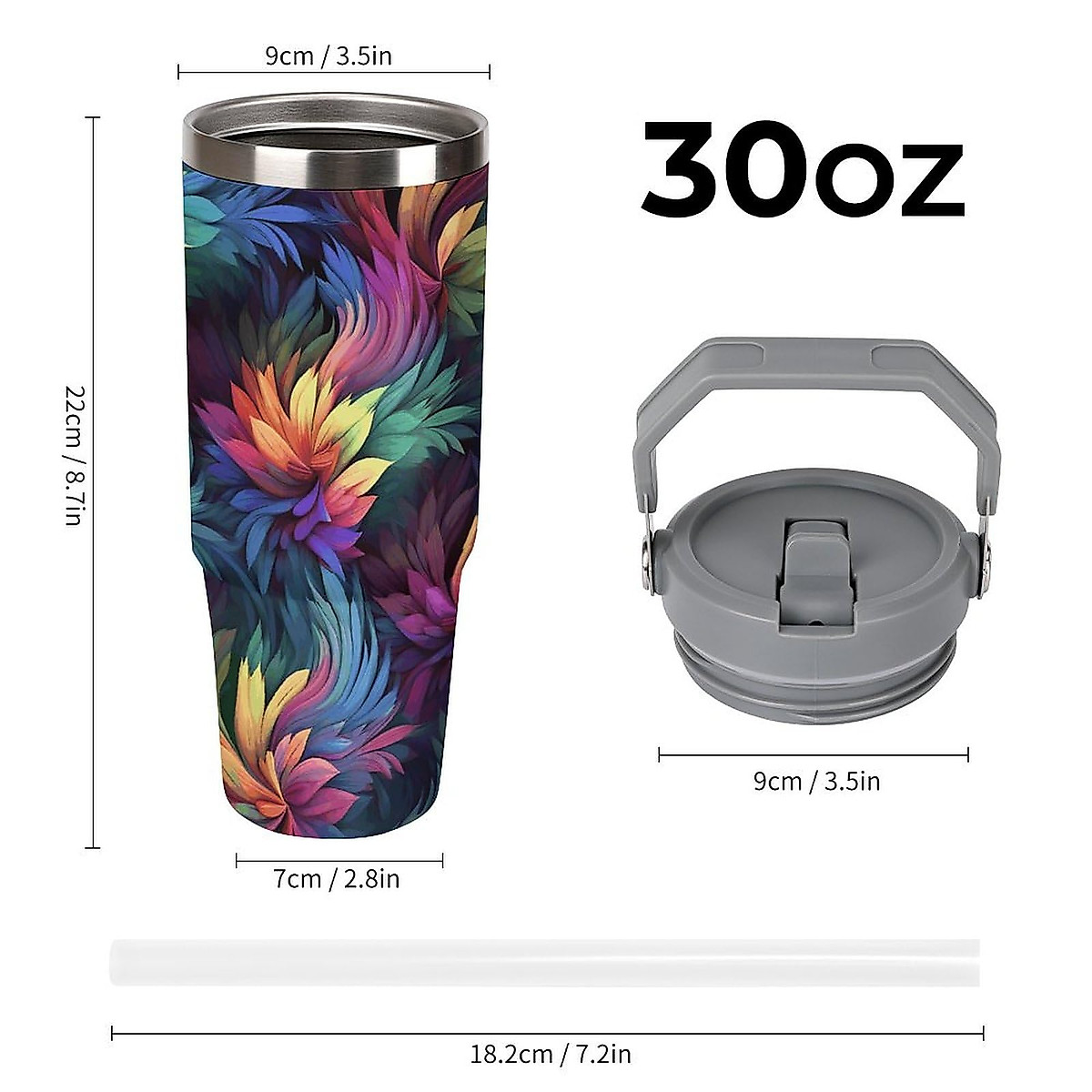 Colorful Flower Tumbler 30oz Large Capacity Car Cup with Handle Fit in Any Car Cup Holder Stainless Steel Leakproof Insulated Coffee Tumblers with Lid And Straw
