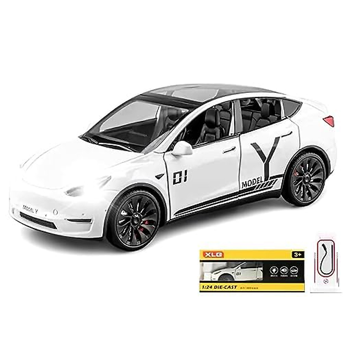 1:24 Scale Model Y Alloy Car Model Diecast Toy Vehicles for Kids, car Model Toy，Pull Back Alloy Car with Lights and Music，Gifts for Adults and Children, Decorative Objects, Collectibles.(Logo White)