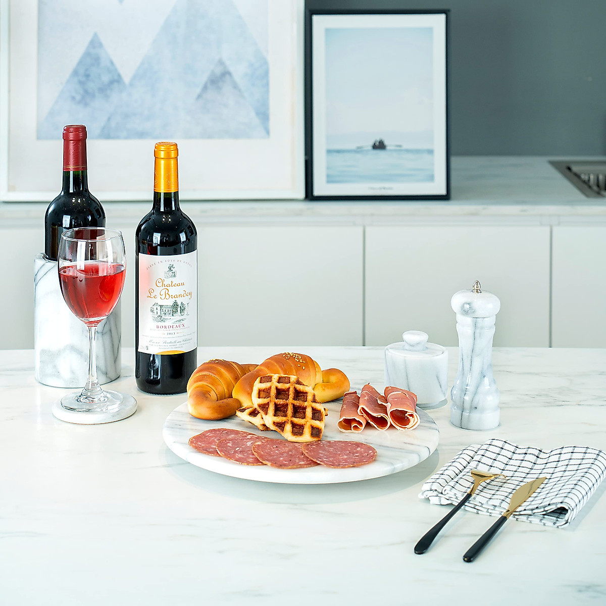 Creative Home Natural Marble Lazy Susan Turntable Rotating Serving Plate Organizer for Kitchen Pantry Countertop, 12" Diameter, Off-White (Color May Vary)