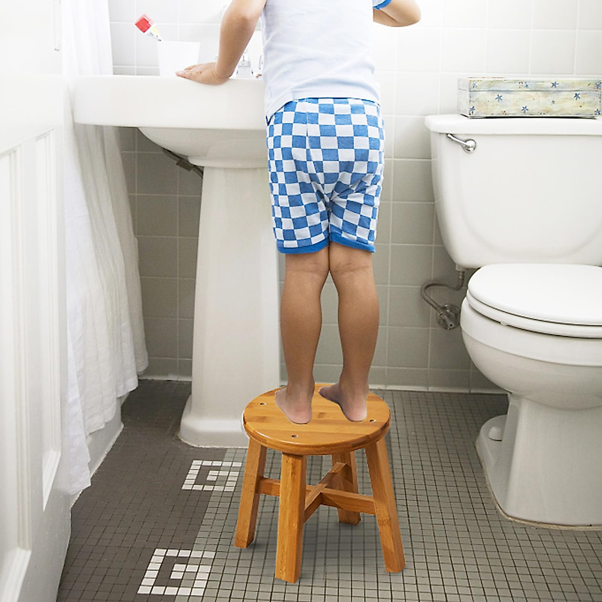 Felenny Small Step Stool Bamboo Fully Assembled Wooden Spa Bath Chair Low Stool for Kitchen Bedroom Living Room Bathroom(S;9.44 inches Height)