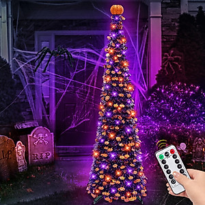 [ Orange & Purple Lights ] 5 Ft Halloween Black Christmas Tree Timer DIY 50 Lights Battery Operated Pumpkin Top Sequin Tinsel Artificial Pop Up Pencil Scary Halloween Decoration Home Indoor Outdoor