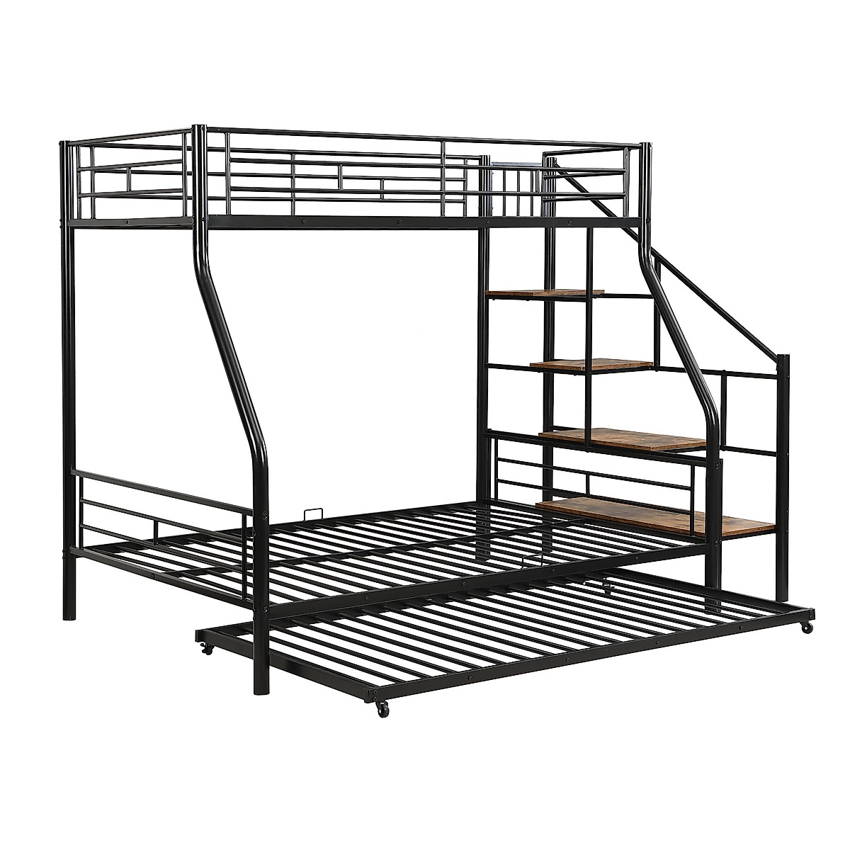 Jintop Twin Over Full Size Metal Bunk Bed with Trundle and Storage Staircase,Bedroom Heavy Duty Bed Frame W/Full-Length Guardrail,Save Space,for Kid Boy Girl Adult,Black