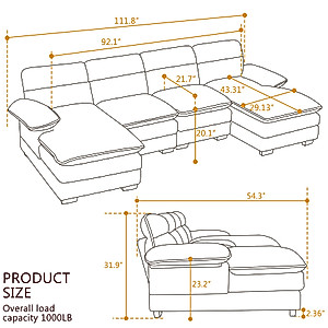 ZX Design 111" Sectional Sofa, Comfortable Cloud Couch for Living Room，U Shape Couch, Modern Dual Recliner Combo Sofa Sleeper with Soft Armrests & Memory Foam for Living Room (Corduroy Gray)