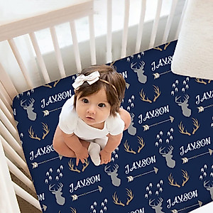 Munific Deer and Arrow Baby Crib Sheets, Personalized Antlers Blue Fitted Crib Bedding Sheets with Name, Custom Crib Mattress Sheets for Baby Boys Girls, Pack and Play Sheets, Name Crib Sheets