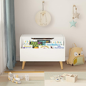 Wooden Toy Box, Kids Toy Storage Organizer with Front Bookshelf, Flip-Top Lid, Safety Hinge, Boys Girls Toy Chest Bench for Playroom Kids Room Organization (White)