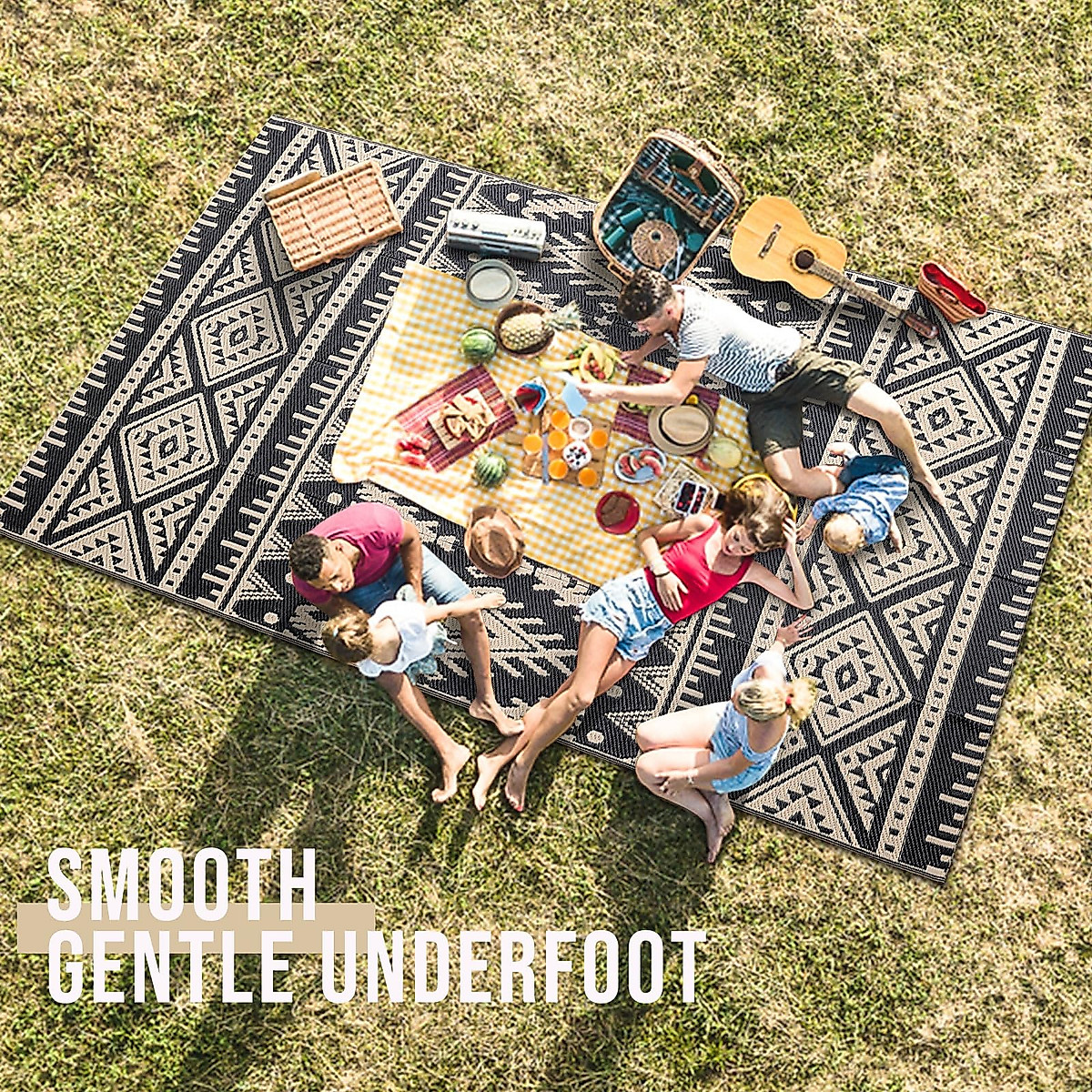 OLANLY Outdoor Rug Waterproof 5x8 ft, Reversible Outdoor Plastic Straw Rug, Boho Patio Rug, Indoor Outdoor Carpet, RV Mat Outside for Patio, Camp, Picnic, Balcony, Deck, Backyard, Black & Beige