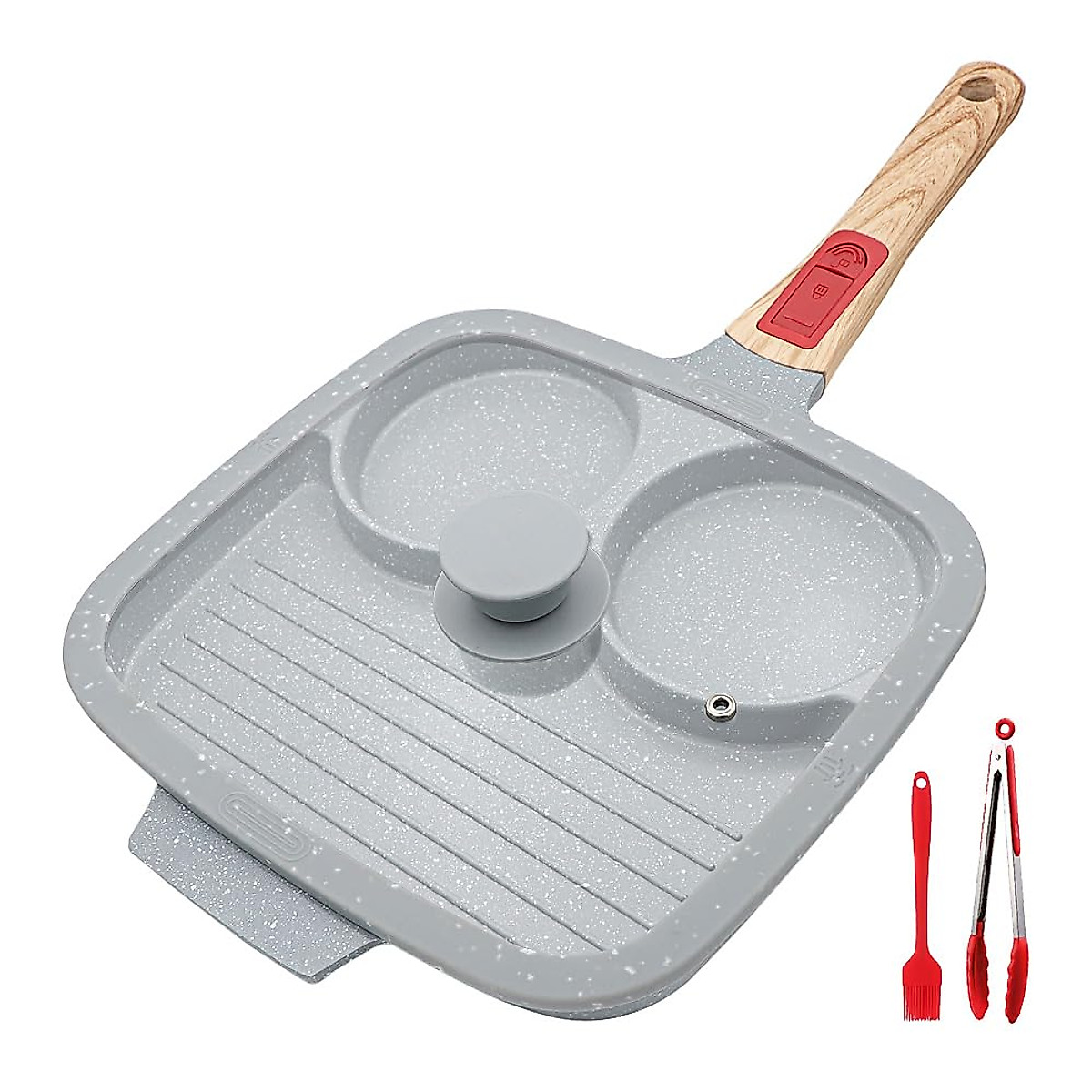 RANXINGST Ceramic Egg Pan with Lid, 10” Nonstick 3 Section Divided Grill Pan with Detachable Handle, Fried Egg Pan Omelette Pan for Breakfast - Blue