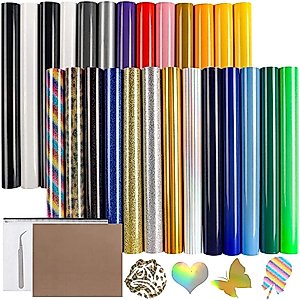 HTV Vinyl Bundle 26pcs Iron on Vinyl 12x10 Inches, HTV Heat Transfer Vinyl Bundle Assorted Colors Sheets Include Glitter and Reflective Metal Gold for T-Shirts