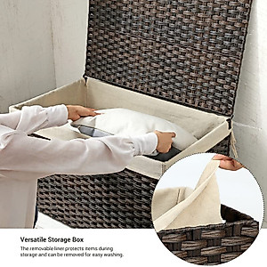SONGMICS Storage Basket with Lid, Rattan-Style Storage Trunk with Cotton Liner and Handles, for Bedroom Closet Laundry Room, 29.9 x 17.1 x 18.1 Inches, Brown URST76BR