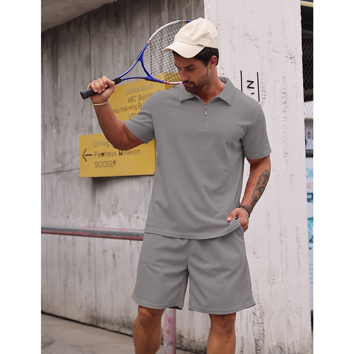 Babioboa Men's Tracksuit Polo Sirt and Shorts Set Solid Waffle Jersey Polo Short Suit Zip up 2 Piece Outfits(Grey,XXL)