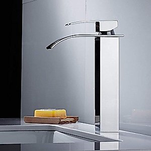 Bathroom Vessel Faucet Tall Waterfall Faucet with Wide Single Handle, Vessel Sink Bathroom Faucet with Large Rectangular Spout and Supply Hoses (Chrome)