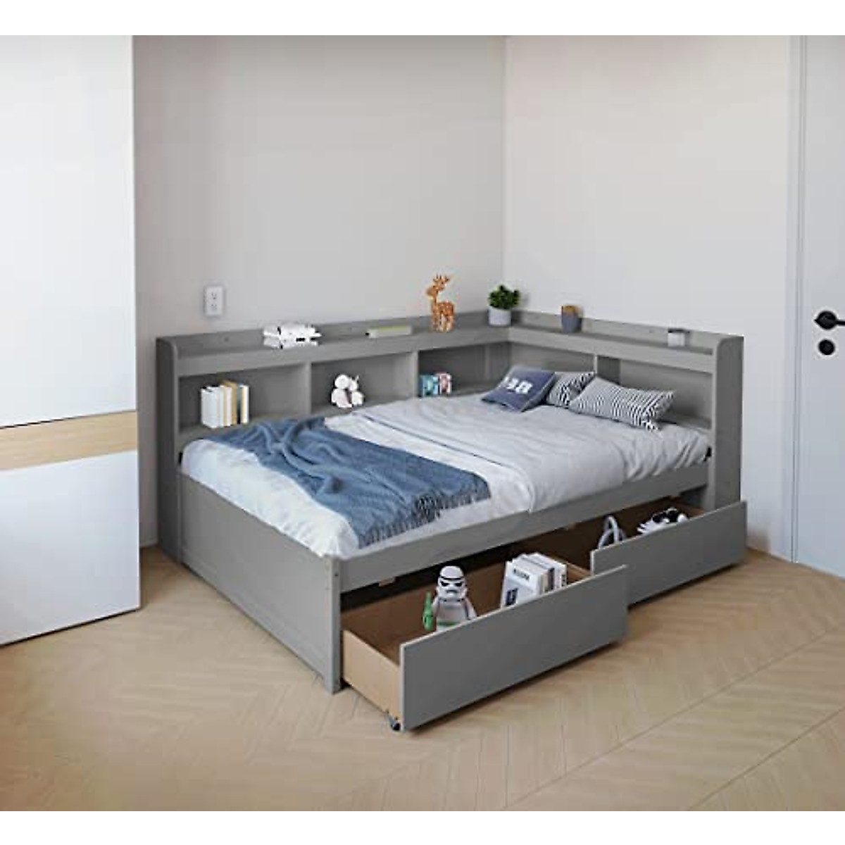 DEINPPA Full Size Platform Bed with L-Shaped Bookcase and 2 Drawers, Wooden Captain Bed Frame with Bookcase Headboard for Kids Teens Adult Boys Girls, No Box Spring Needed, Grey