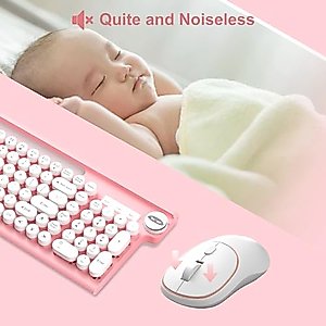 Typewriter Style Wireless Keyboard and Mouse Combo, Cute Pink Wireless Keyboard Mute Keyboard 2.4G with Retro Round Keycap Ergonomic Design and Waterproof Keyboard Mouse Combo, White & Pink