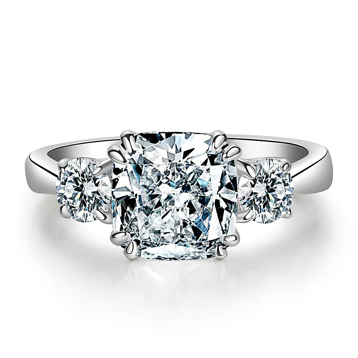 Classic Three Stone Cushion Cut Solitaire Engagement Ring Square Sterling Silver Anniversary Bridal Ring (Silver, 7)