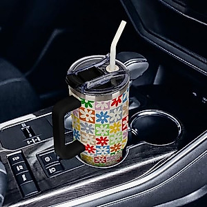 KPLBNAS Colorful Bold Aesthetic Checkered Flower Pattern 40 Oz Tumbler with Handle And Straw Lid, Insulated Reusable Stainless Steel Travel Mug Travel Mug for Hot And Cold Stainless Steel Vacuum Mug
