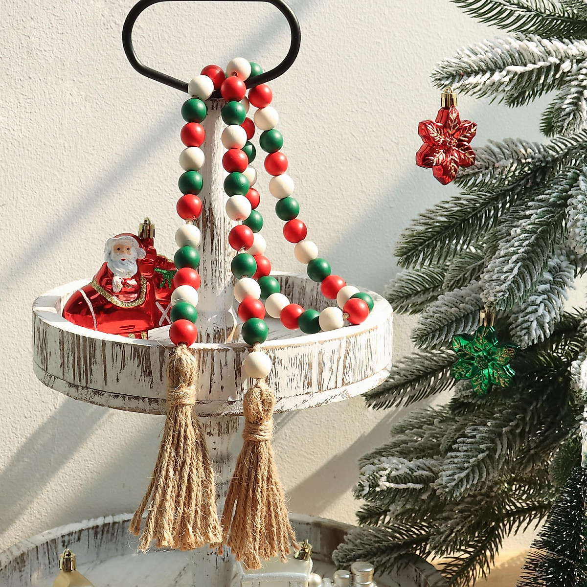 Christmas Wood Bead Garland,39in Farmhouse Beads with Tassels Christmas Tiered Tray Decor Wall Hanging Home Ornaments for Christmas Tree Decorations