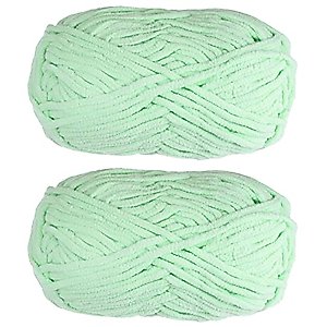 HARFINGTON 2Skeins Chenille Yarn Velvet Blanket Yarn 2x100g/7.1oz #6 Super Bulky Polyester Soft Knitting for Crochet Weaving Bag Scarf Hat, Light Green