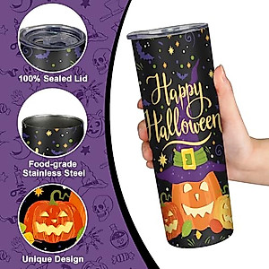 ysnifeiw 20oz Halloween Skinny Tumbler with Lid and Straw, Stainless Steel Insulated Gohst Pumpkin Cup Halloween Skeleton Coofee Mug Gifts for Women Men