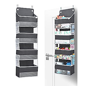 ULG Over Door Organizer with 4 Large Pockets 6 Mesh Side Pockets, 33 lbs Weight Capacity Hanging Storage Organizer with Clear Window for Bedroom Nursery, Baby Kids Toys, Diapers, Dark Grey (1 Pack)