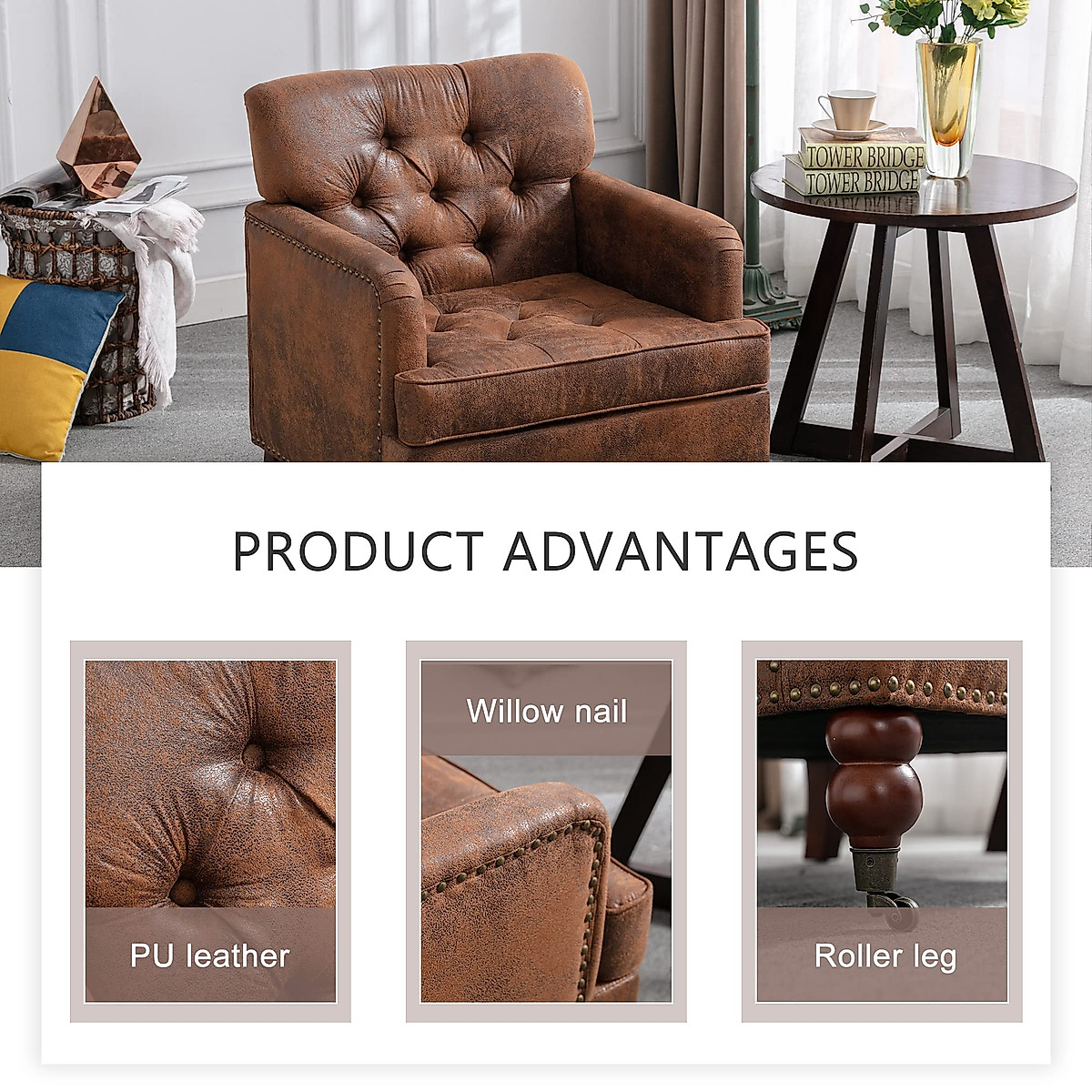 Nrizc Tufted Club Chair, Living Room Accent Chairs, Mid Century Modern Arm Chairs with Studded, Solid Wood Frame, for Living Room, Bedroom, Reading, or Office, Brown