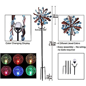 NUENUN Wind Spinner Outdoor Metal - Multi-Color Seasonal LED Lighting Solar Powered Glass Ball with Kinetic Wind Spinner Dual Direction for Patio Lawn & Garden