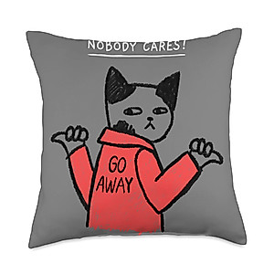 Cats Gifts - click to show more designs! Go Away Cat Kitty Nobody Cares Funny Gift Black Throw Pillow, 18x18, Multicolor