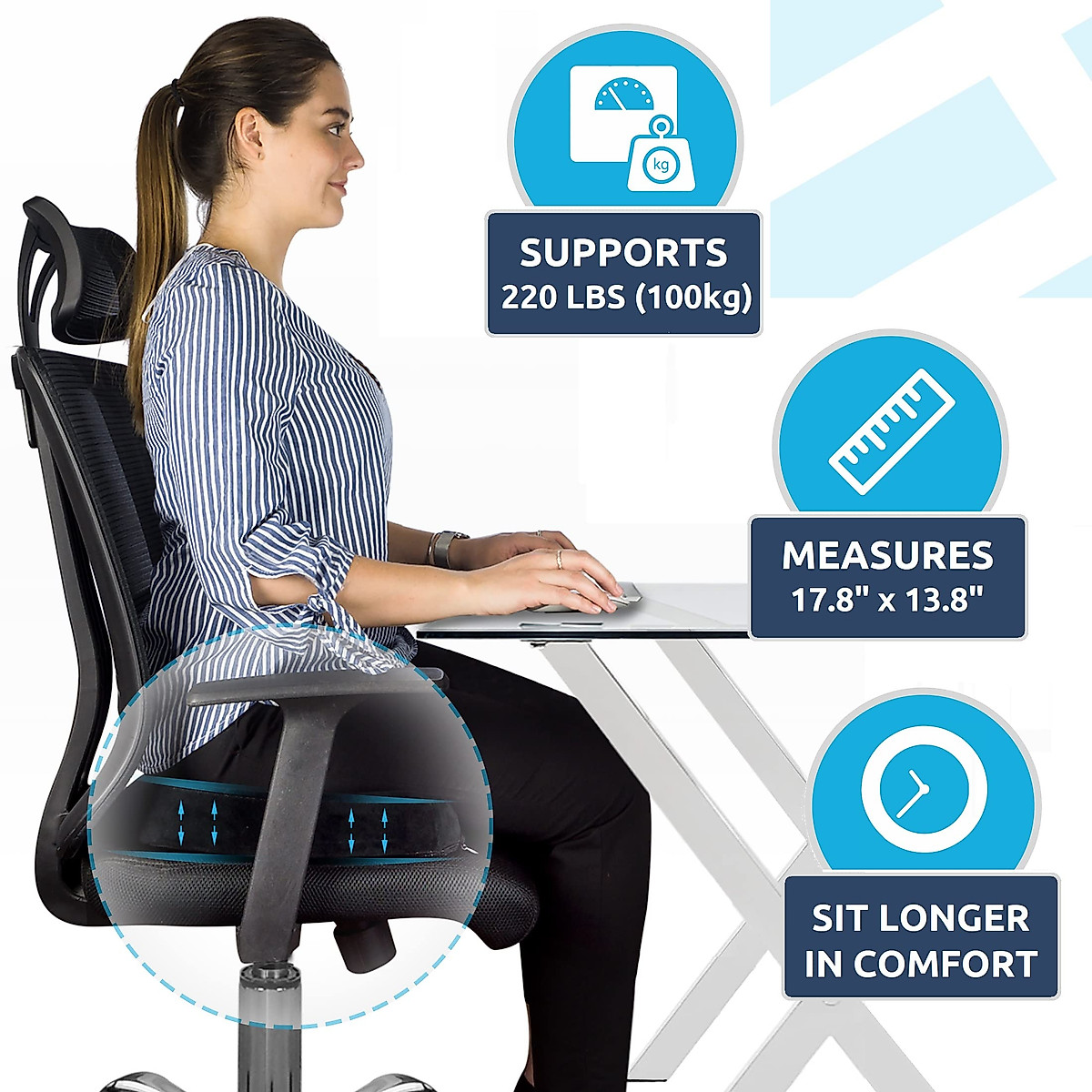 Ergonomic Innovations Gel Enhanced Memory Foam Seat Cushion for Office Chair, Coccyx Lower Back Support Tailbone Pain Relief Cushions, Work Chair Pad Pillow, Sciatica, Butt, Desk Chair Cushion