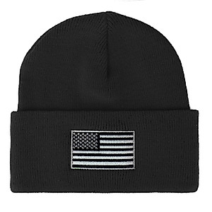 Armycrew Made in USA Grey American Flag Embroidered Knit Cuff Long Beanie - Black