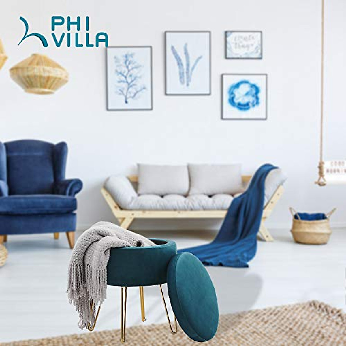 PHI VILLA Storage Ottoman,Blue Round Ottoman with Storage Box and Removable Lid, Upholstered Decorative Metal Legs Ottoman Footrest/Footstool for Living Room,Bedroom and Kids Room,Velvet,Blue