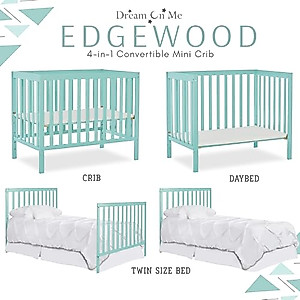 Dream On Me Edgewood 4-In-1 Convertible Mini Crib In Mint, JPMA Certified, Non-Toxic Finish, New Zealand Pinewood, With 3 Mattress Height Settings, Included 1" Mattress Pad