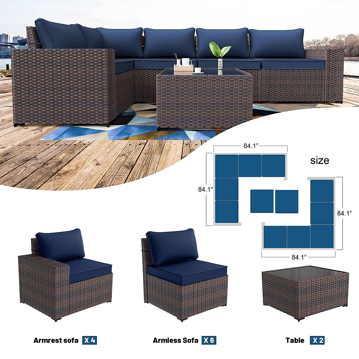 Kullavik 12PCS Outdoor Patio Furniture Set PE Wicker Rattan Sectional Sofa Patio Conversation Sets,Navy Blue