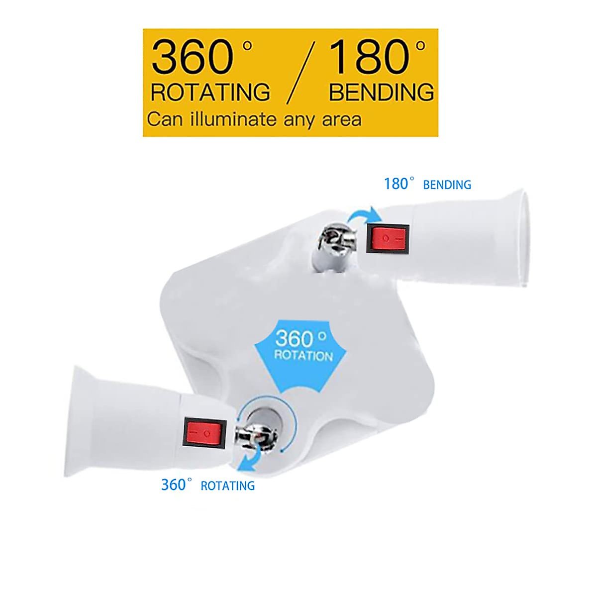 CLWHJ-360 Degrees Adjustable 2 in 1 E26/E27 Splitter Socket Adapter. E26/E27 Standard LED Bulbs 360 Degrees Adjustable 180 Degree Bendable Max Watt 120W (2 in 1)