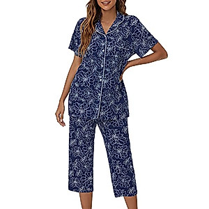 Tugege Capri Pajamas Set Womens Button Down Short Sleeve Lounge Sets Sleepwear Notch Collar Top & Capri 2 Piece PJ Sets