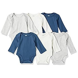 Amazon Essentials Unisex Babies' Long-Sleeve Bodysuits, Pack of 6, Navy/Grey Heather/White, 0-3 Months