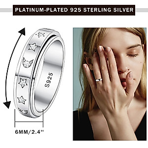 MUSECLOUD Fidget Ring 925 Sterling Silver Spinner Ring Moon Star Anxiety Ring for Women White Gold Plated 6MM Fidget Band Stress Relief Anti Anxiety Jewelry (Silver, 10)