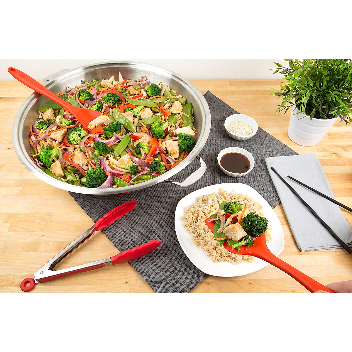 Silicone Kitchen Cooking Utensils w Bamboo Holder- 10 Pc Gourmet Non-Stick, Heat Resistant, Premium Kitchen Tools Set- Spatula, Spoon, Slotted Spoon, Tongs, Basting Brush, Whisk, Ladle-Baking, Baking