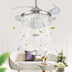 Gdrasuya10 Crystal Ceiling Fan Dimmable Chandelier with Lights and Remote Modern Invisible Retractable LED Fan for Living Room Bedroom Basement Kitchen Garage Decorations -Polished Chrome 42 Inches
