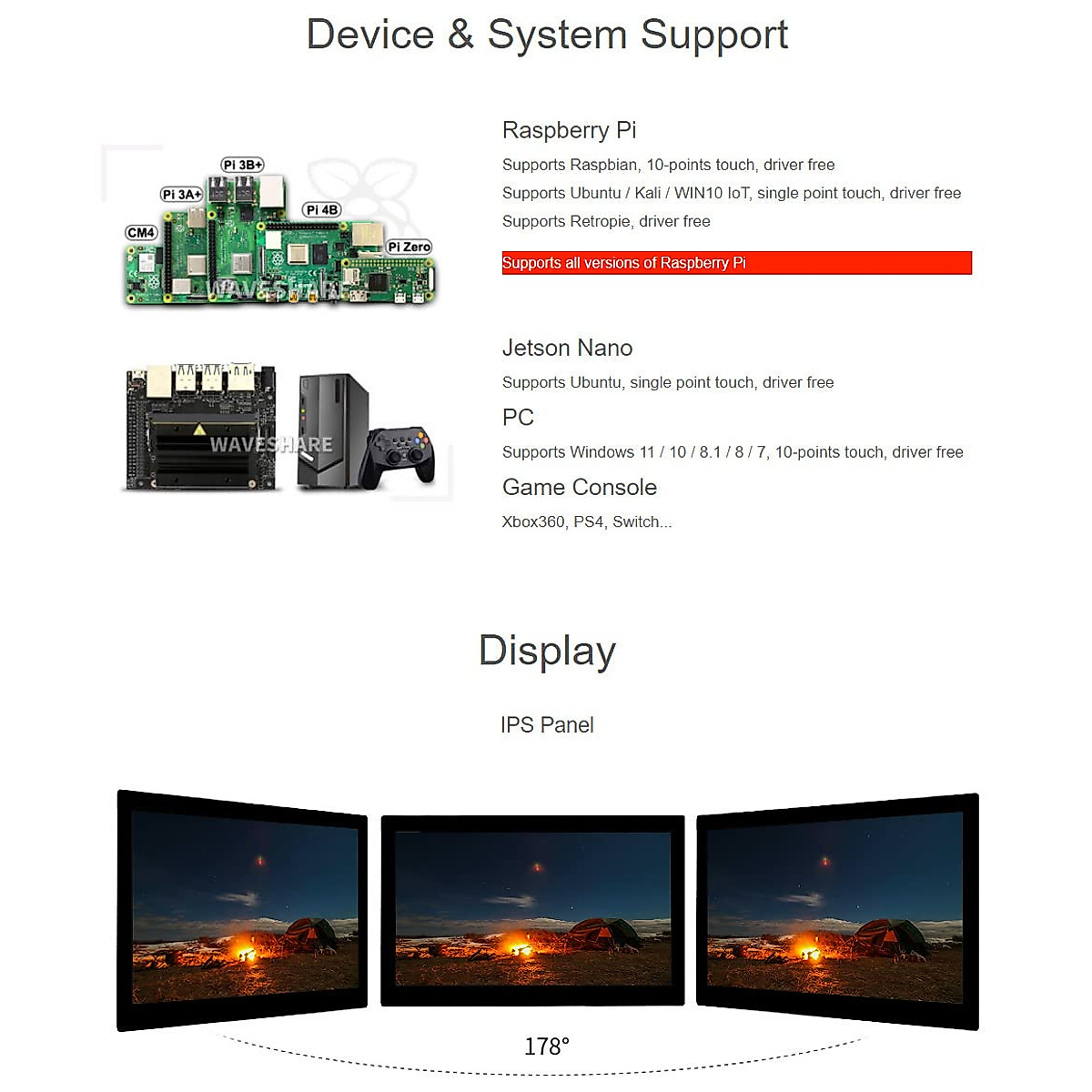 waveshare 13.3inch Capacitive Touch Screen LCD Compatible with Raspberry Pi 4B/3B+/3A+/2B/B+/A+/Zero/Zero W/WH/Zero 2W CM3+/4 1920×1080 Resolution HDMI IPS Supports Jetson Nano/Windows