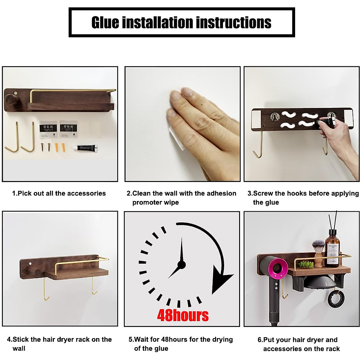 Amersis Wallmount Hair Dryer Holder Rack Compatible with Dyson Supersonic Hair Dryer Blow Dryer Accessories and Attachments Organizer Storage Rack, Walnut Wood(Hair Dryer & Attachments not Included)