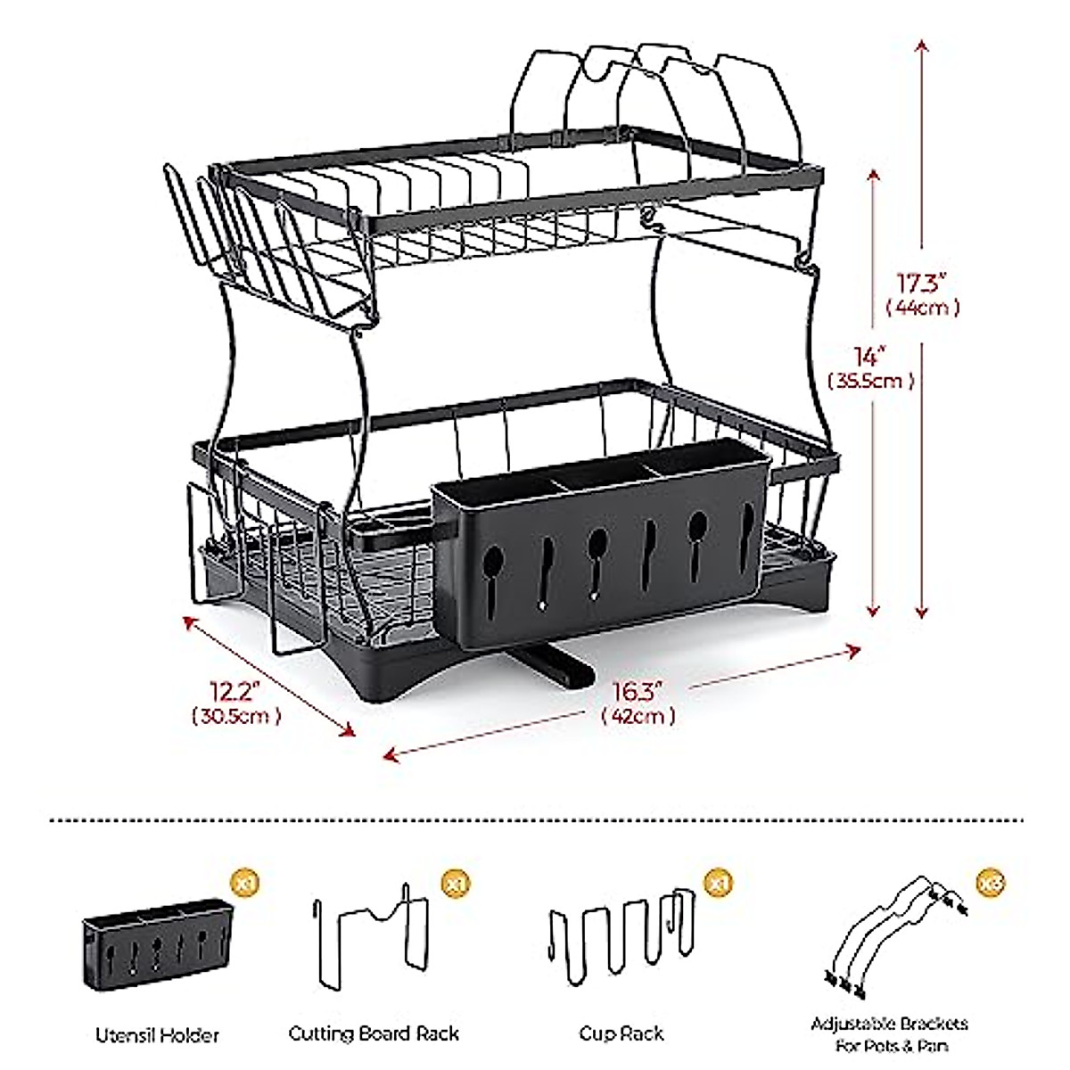Dish Drying Rack, 2 Tier Dish Racks for Kitchen Counter, Dish Drainer Dish Rack with Pots & Pans Holder, Large Dish Drying Rack with Drainboard Utensil Holder Cup Holder Cutting Board Holder - Black