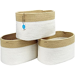 Casaphoria Cotton Rope Storage Baskets Bin Set of 3 Storage Cube Organizer Foldable Decorative Woven Basket for Clothes, Makeup, Books, Nursery, 15"x 10"x 9",pack of 3, White and Brown