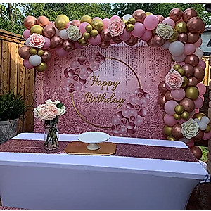 Rose Gold Happy Birthday Backdrop Pink Rose Gold Floral Balloon Rose Gold Bokeh Photography Background Women Sweet Princess Girl 16th 30th Birthday Party Dessert Cake Table Decor Props 7x5FT