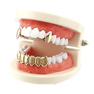 18k Gold Plated Vampire Dracula Teeth Grillz 2pc Single Fangs and 6 Bottom Grillz Set