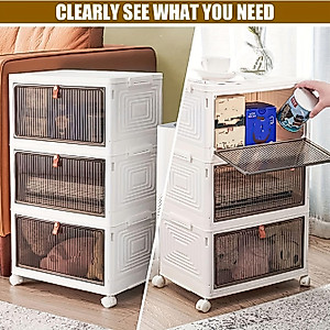 5 Tier Stackable Storage Bins with Lids, 28Qt Plastic Storage Containers with Magnetic Doors & Wheels, Convenient Storage Bins Closet Organizers, Household Organization for Home, Party, Office, Dorm