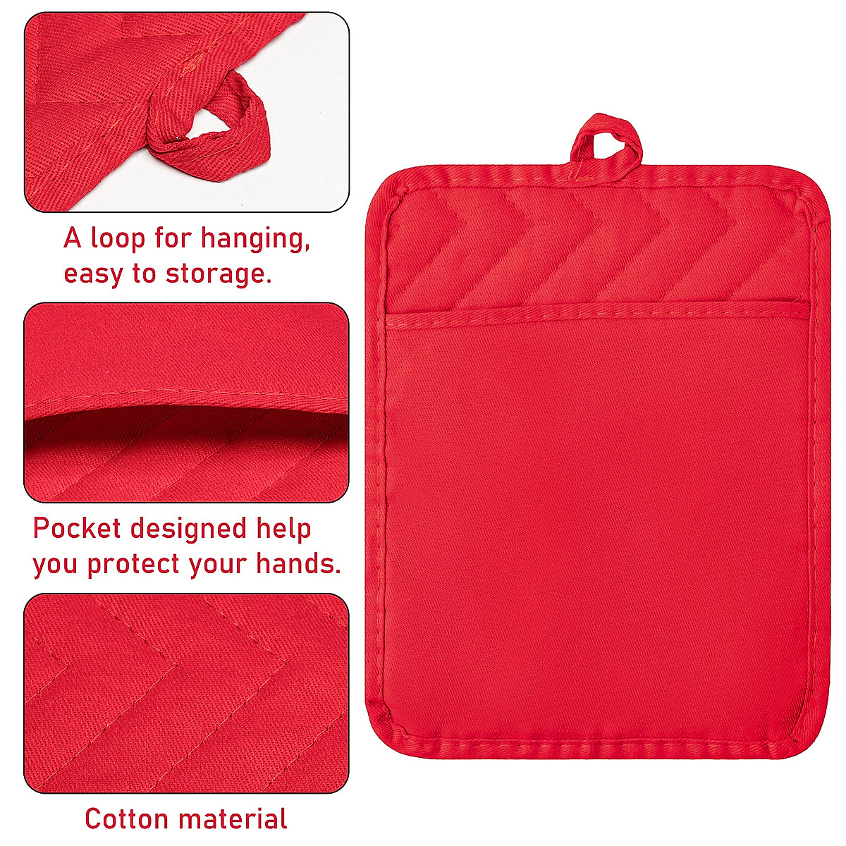 GROBRO7 4Pcs Silicone Extra Long Oven Mitt Pot Holder Set Heat Resistant Hot Pads Waterproof BBQ Gloves Machine Washable Pocket Potholder with Hanging Loop for Safe Kitchen Baking Cooking Grilling Red